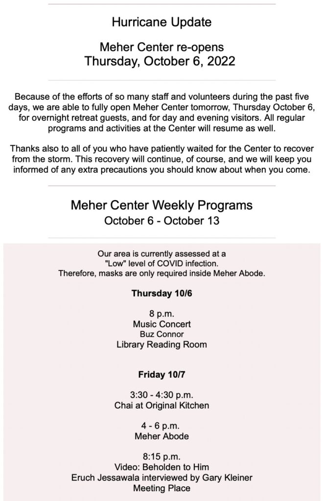 Weekly Calendar - Meher Spiritual Center