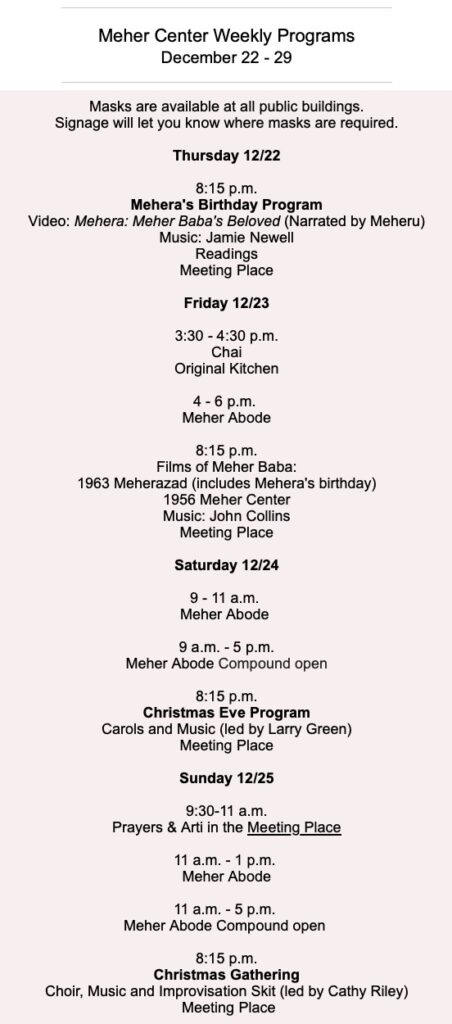 Weekly Calendar - Meher Spiritual Center