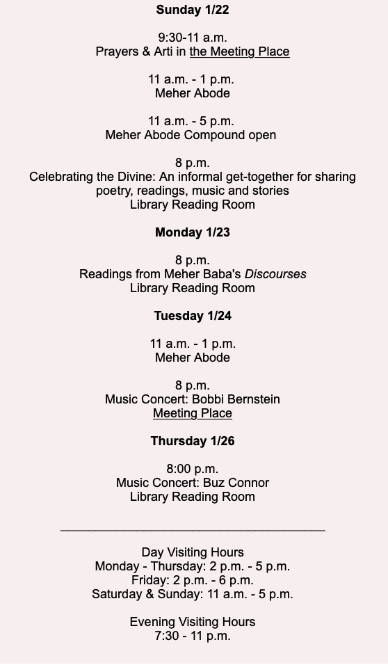 Weekly Calendar - Meher Spiritual Center