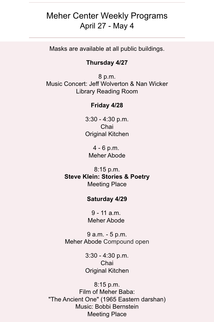 Weekly Calendar - Meher Spiritual Center