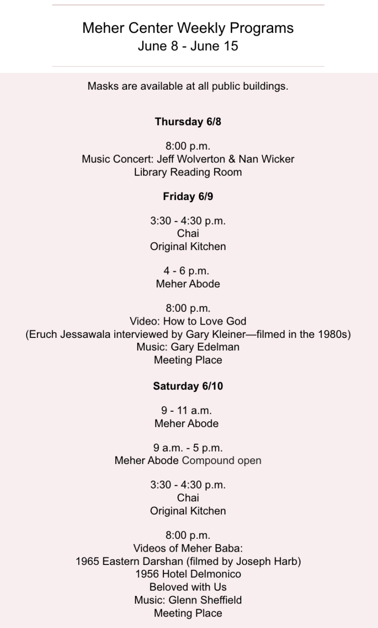 Weekly Calendar - Meher Spiritual Center