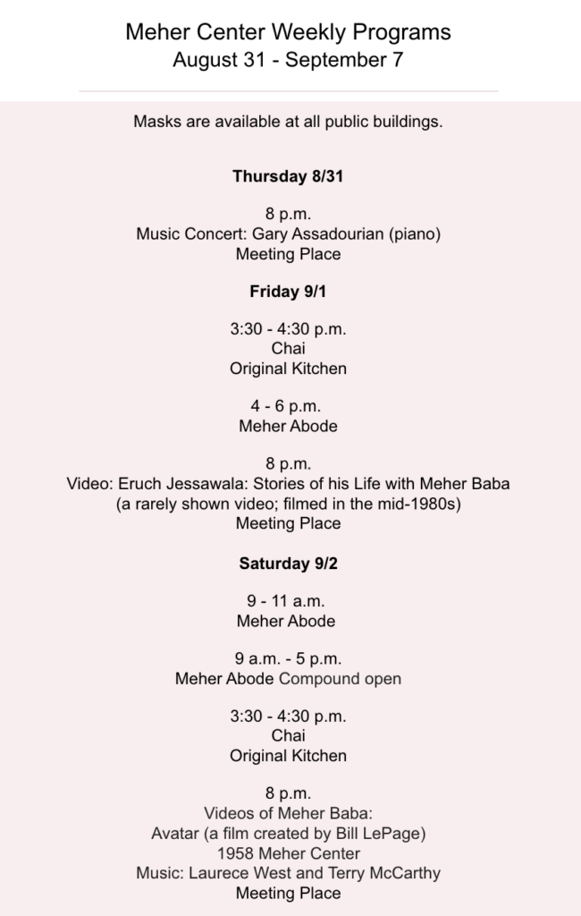 Weekly Calendar - Meher Spiritual Center