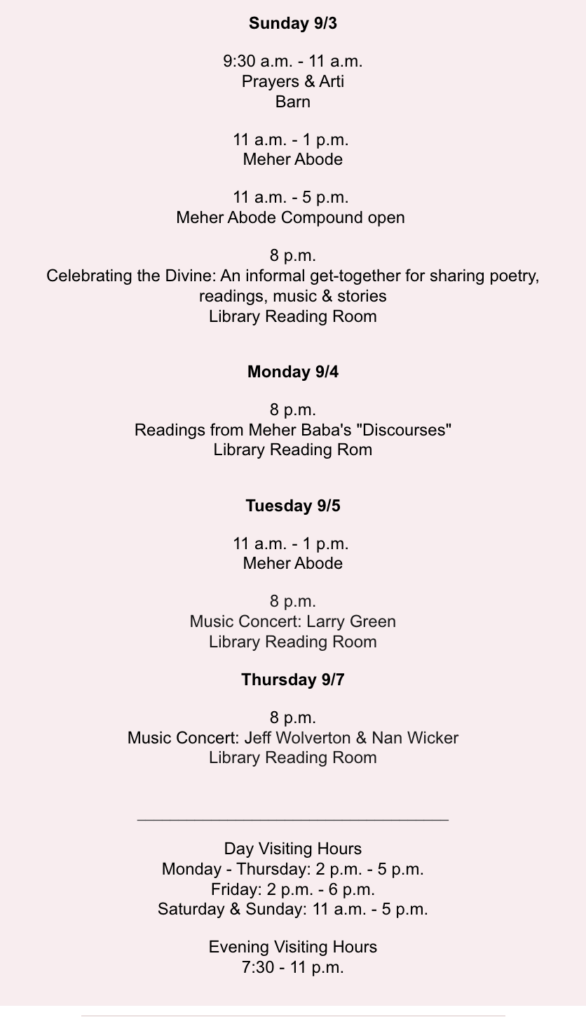 Weekly Calendar - Meher Spiritual Center
