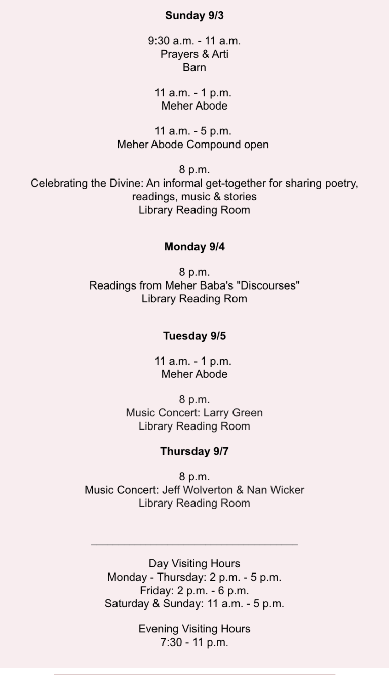 Weekly Calendar - Meher Spiritual Center