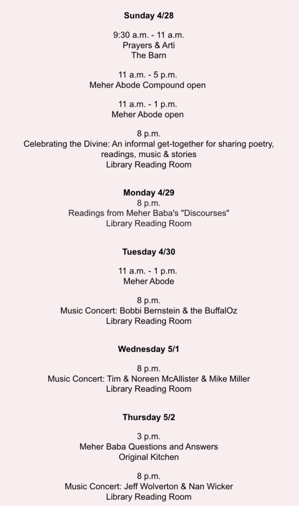 Weekly Calendar - Meher Spiritual Center