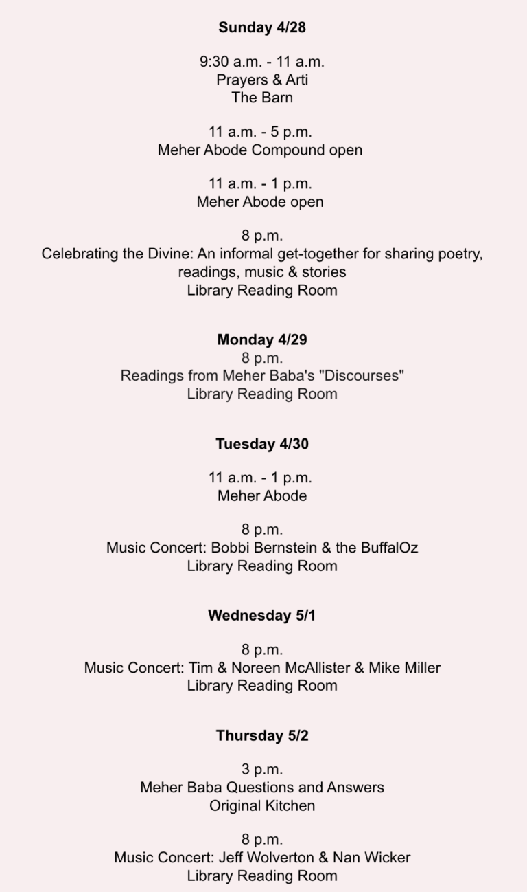 Weekly Calendar - Meher Spiritual Center