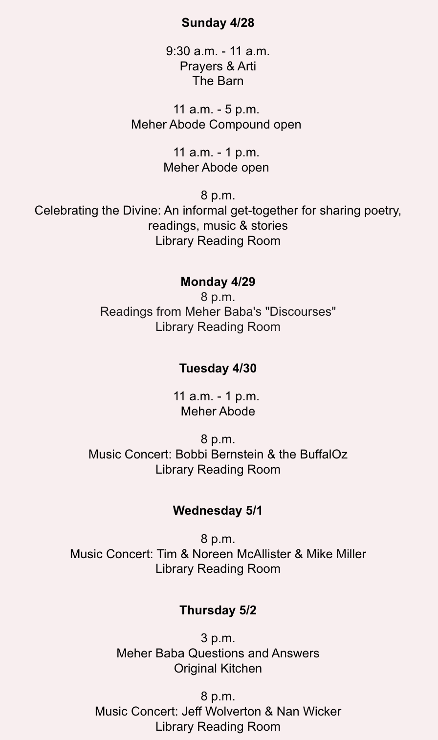 Weekly Calendar - Meher Spiritual Center