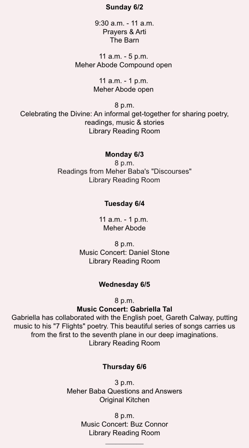Weekly Calendar - Meher Spiritual Center