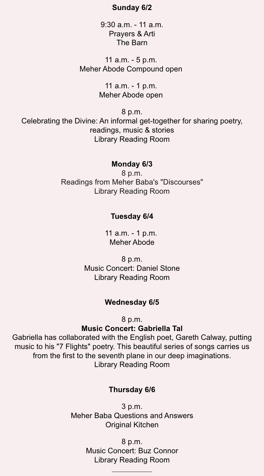 Weekly Calendar - Meher Spiritual Center