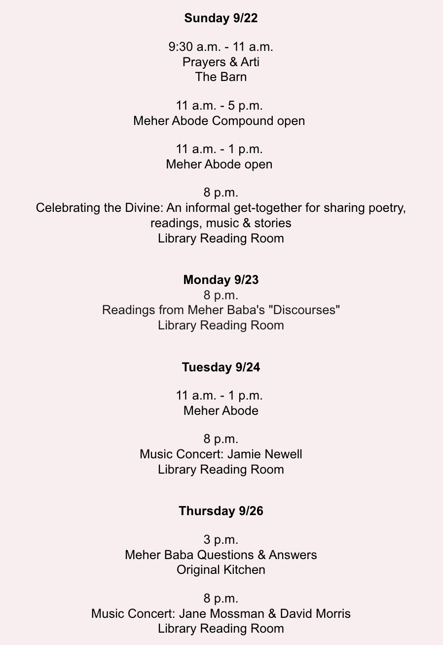 Weekly Calendar - Meher Spiritual Center