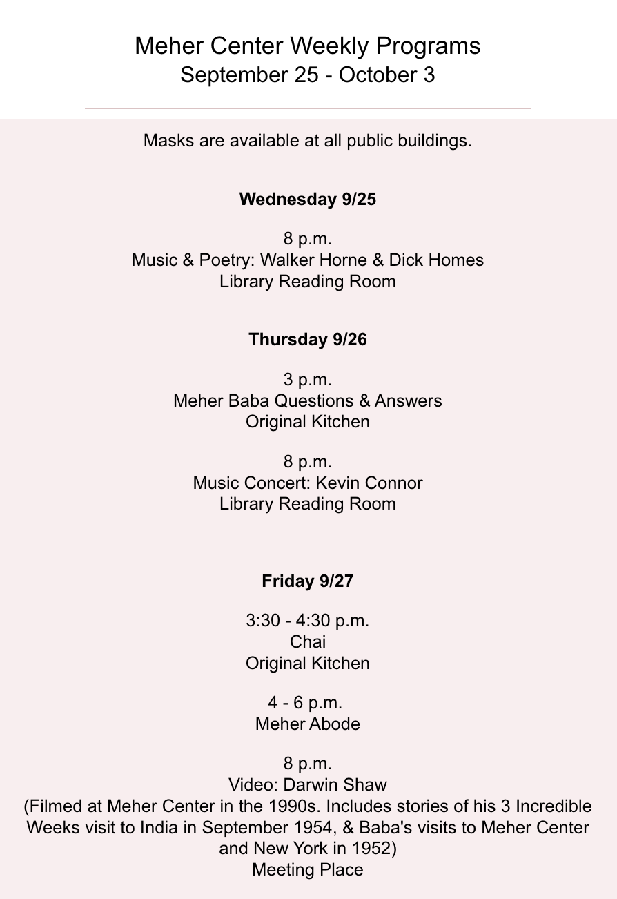 Weekly Calendar - Meher Spiritual Center