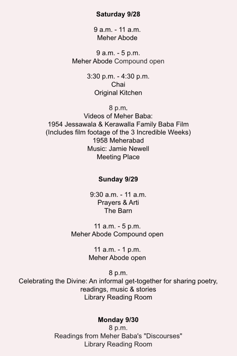 Weekly Calendar - Meher Spiritual Center