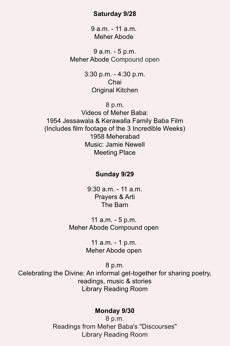 Weekly Calendar - Meher Spiritual Center