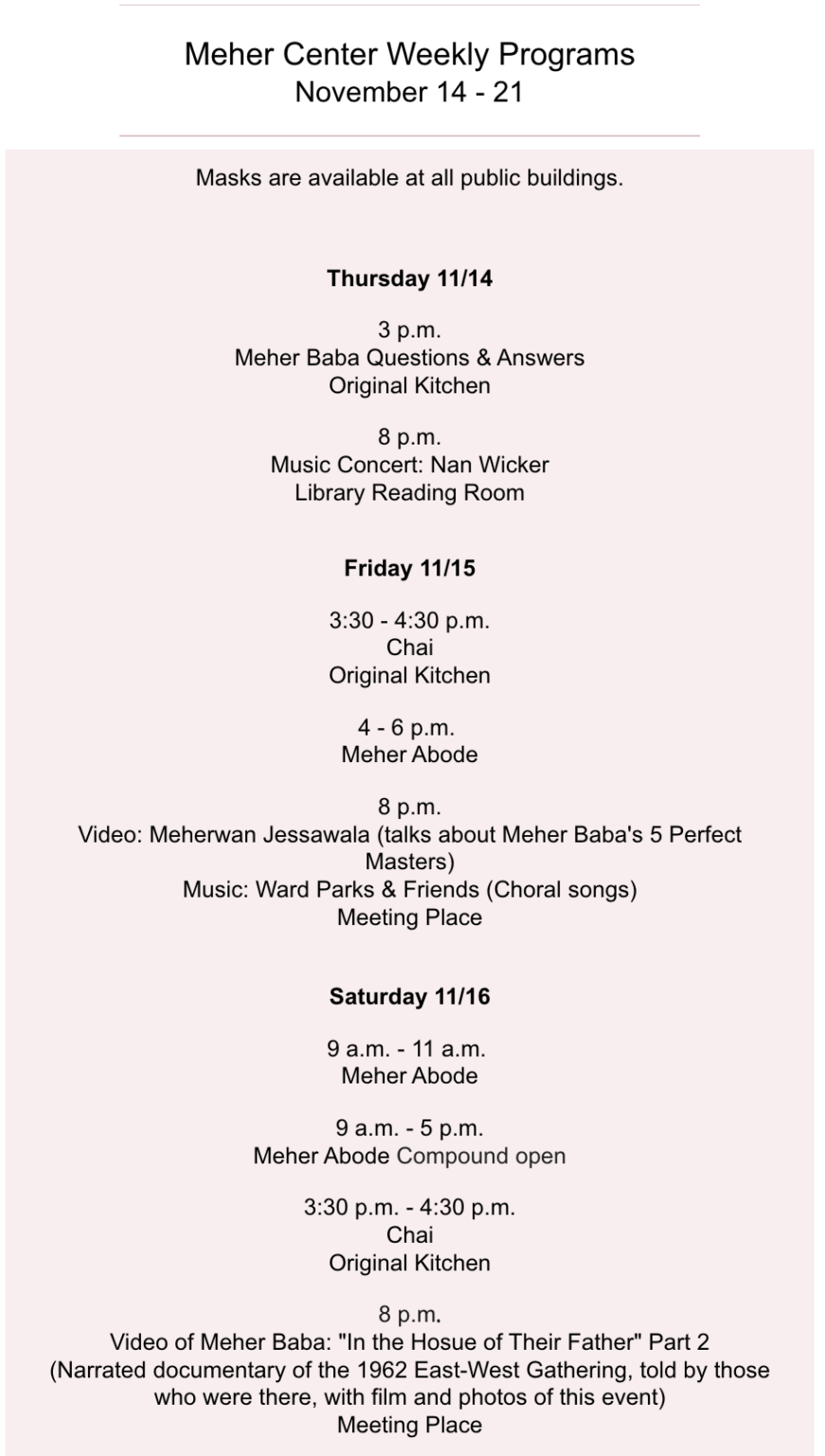 Weekly Calendar - Meher Spiritual Center