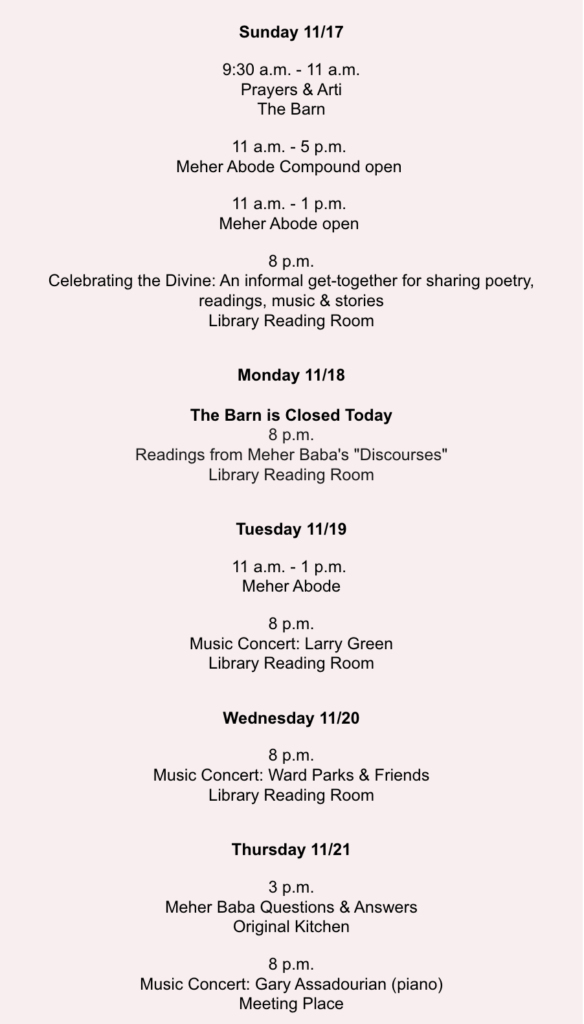 Weekly Calendar - Meher Spiritual Center