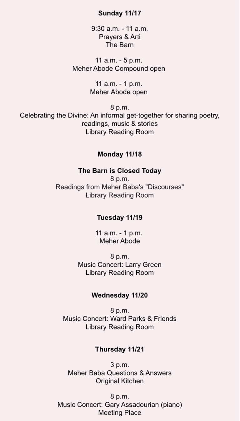 Weekly Calendar - Meher Spiritual Center