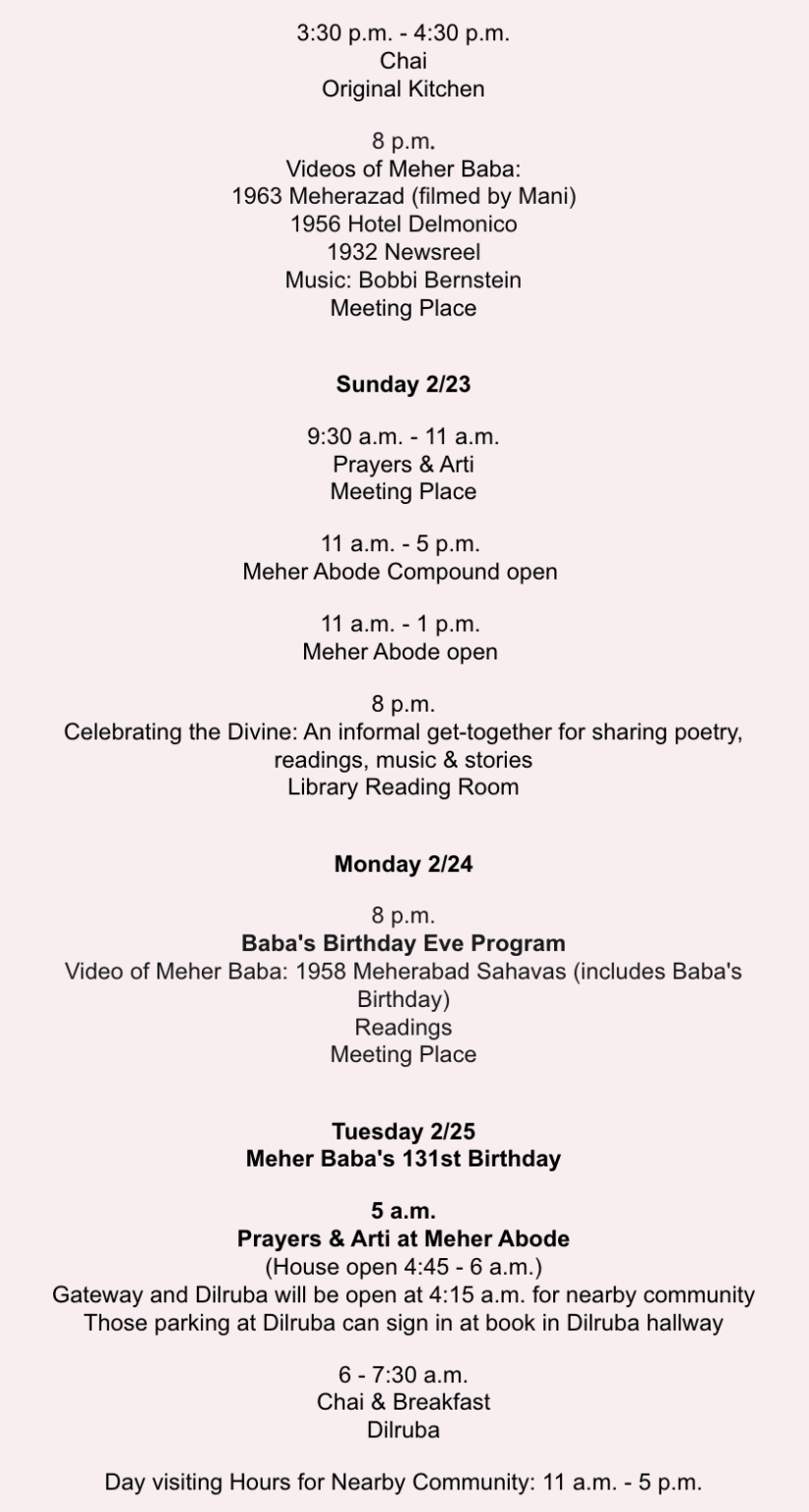 Weekly Calendar - Meher Spiritual Center